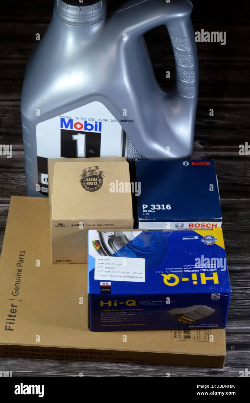 Cairo, Egypt, May 25 2025: Mobil one engine oil and KIA and Hyundai Oil ...