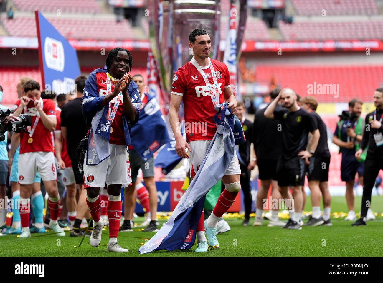 Charlton Athletic's Tyreece Campbell (left) and Lloyd Jones celebrate ...