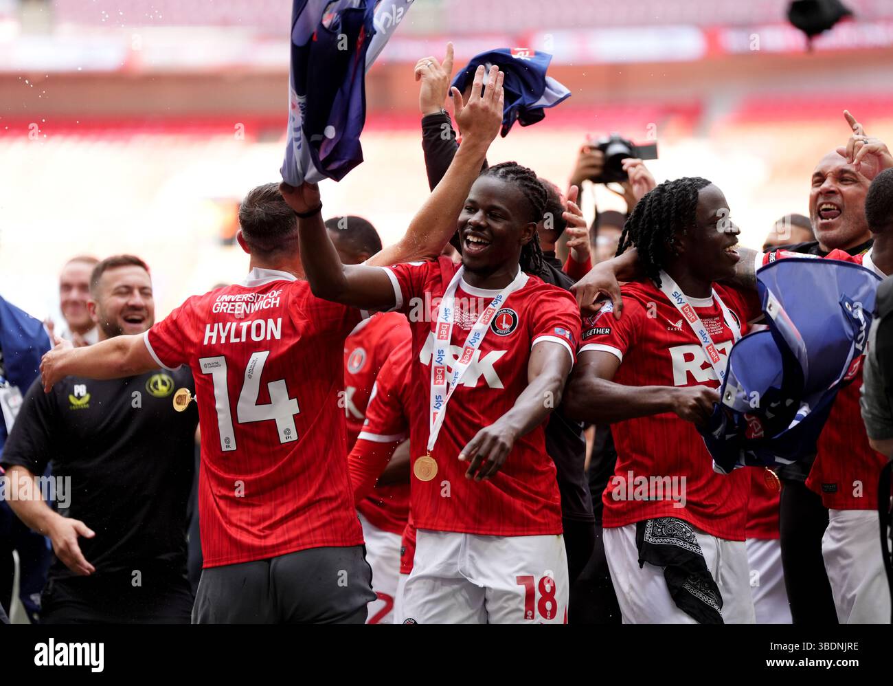 Charlton Athletic's Karoy Anderson (centre) celebrates after the Sky ...