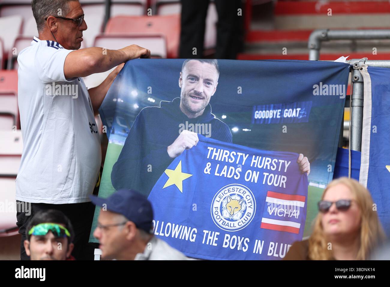 Leicester City fan holding up a flag featuring Jamie Vardy before the ...