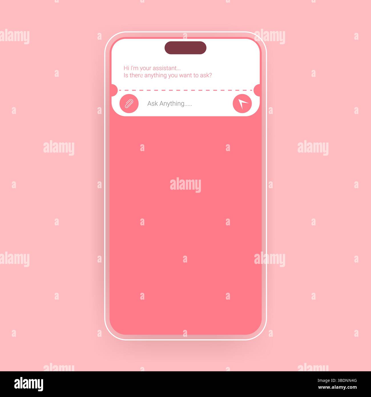 A soft pink themed mobile chatbot UI design featuring a message prompt ...