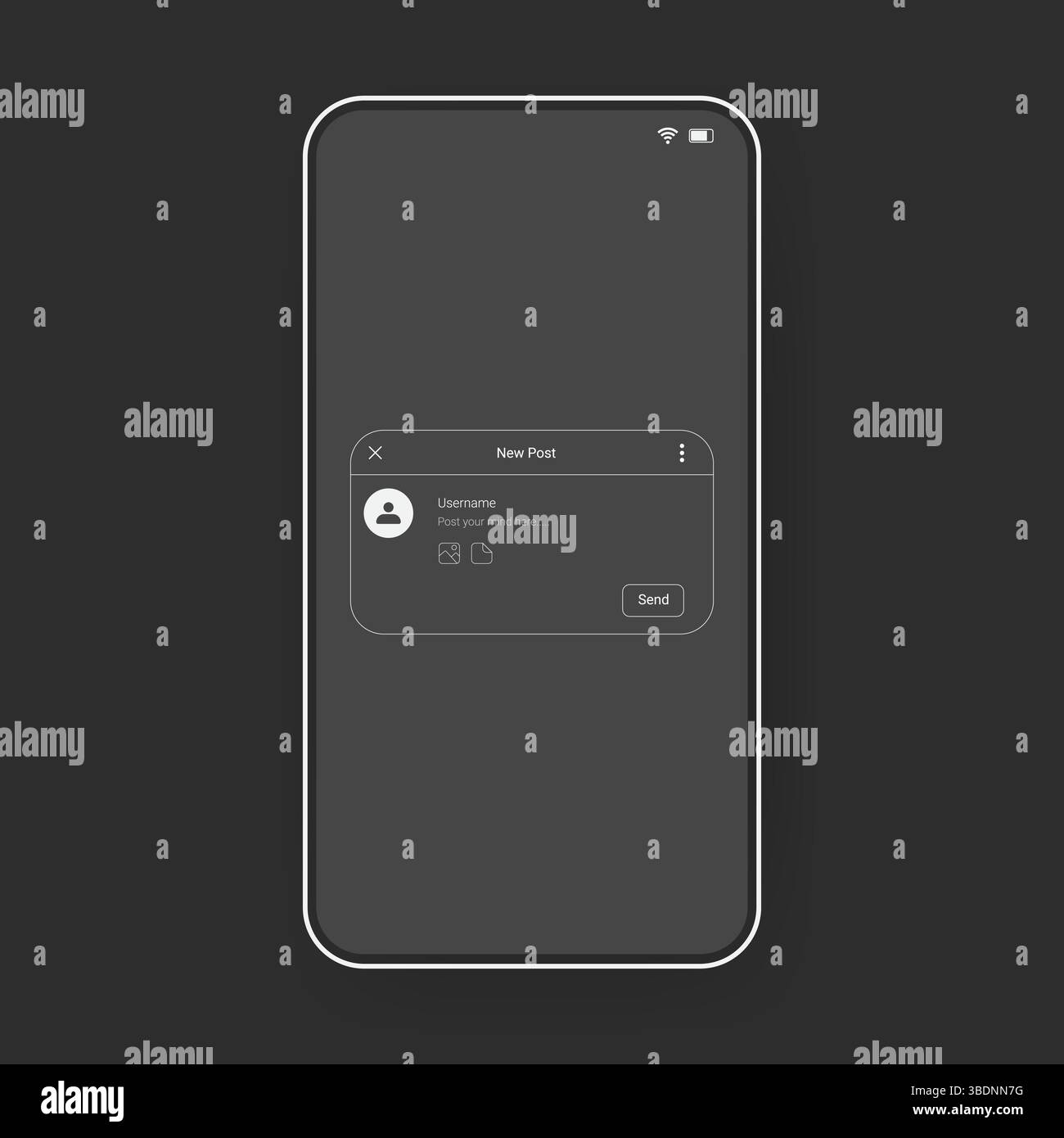 Minimalistic dark mode UI mockup of a social media New Post screen ...