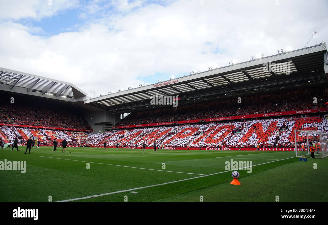 Liverpool fans holding up banners reading Campione before the Premier ...