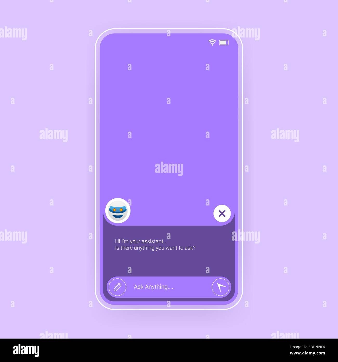 Mobile app interface with a purple theme featuring an AI assistant ...