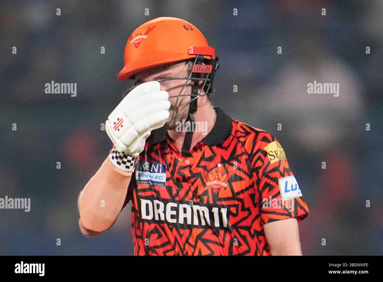 Sunrisers Hyderabad's Travis Head reacts after losing his wicket to ...