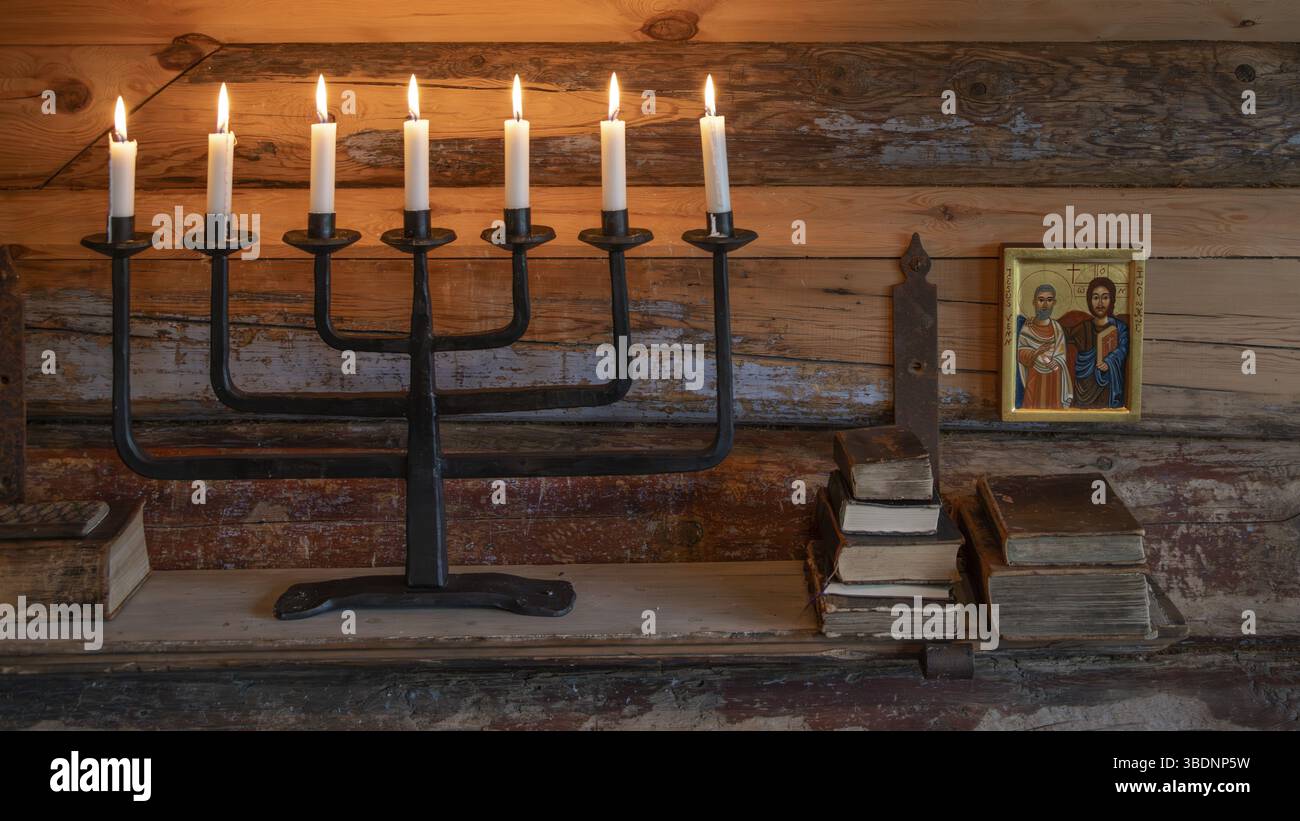 Seven-armed candlestick with burning candles, icon, chapel, Fokstugu ...