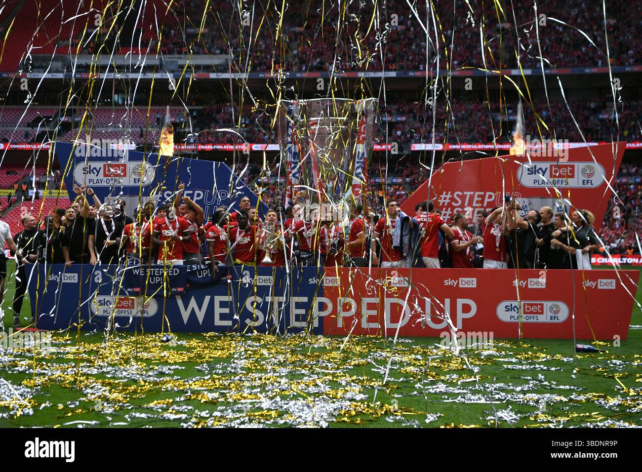 London, England. 25th May 2025. Charlton Athletic lift the trophy after ...
