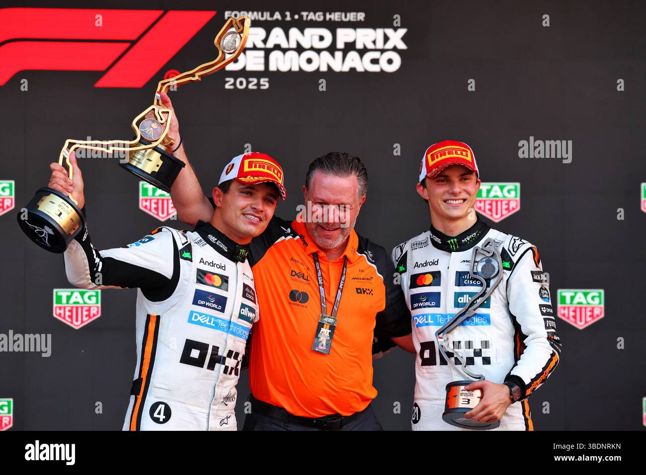 Monaco, Monte Carlo. 25th May, 2025. (L to R): Race winner Lando Norris (GBR) McLaren on the ...