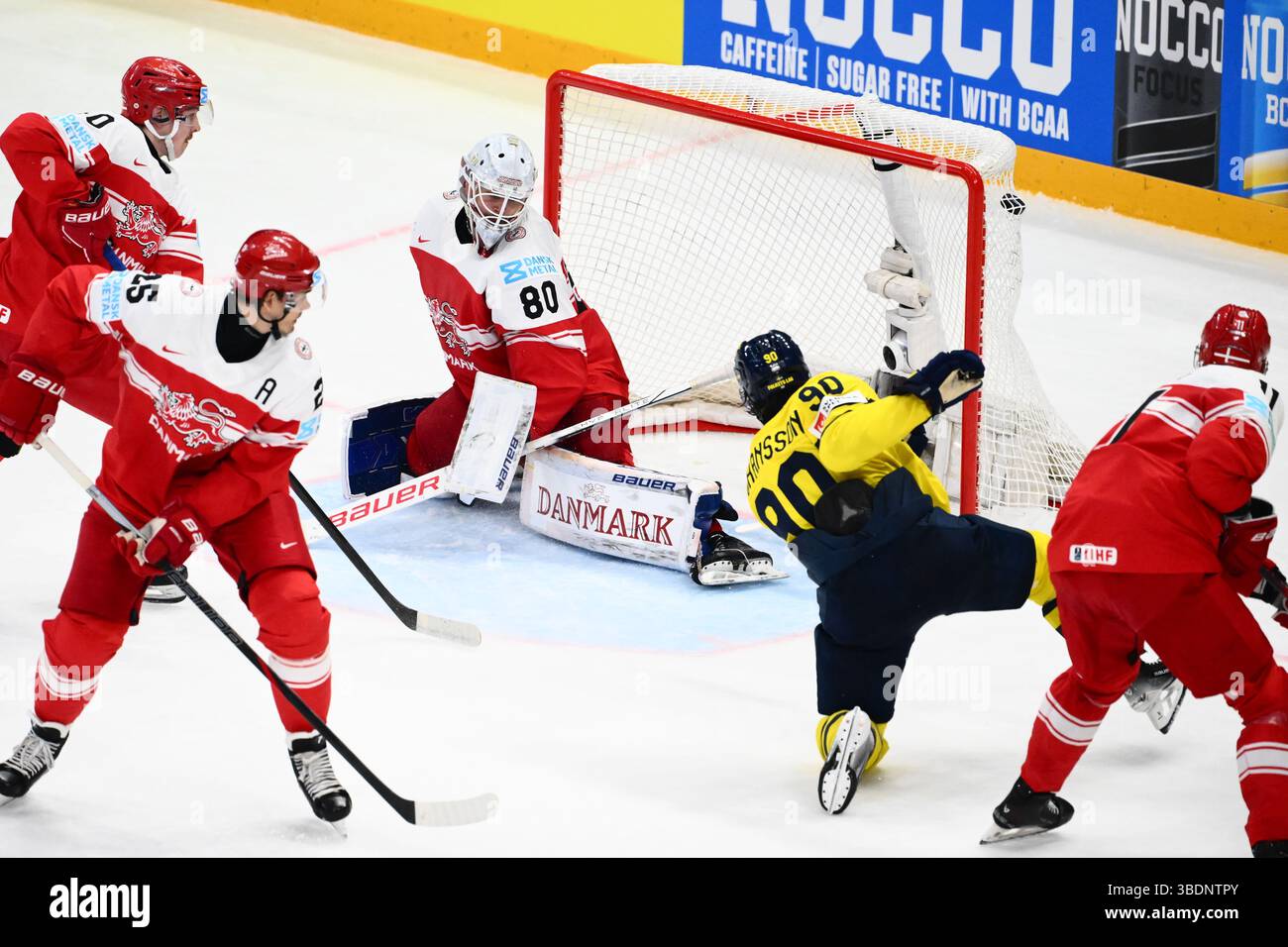 Stockholm, Sweden. 25th May, 2025. Goalie of Denmark Frederik Dichow Nissen receives third goal ...