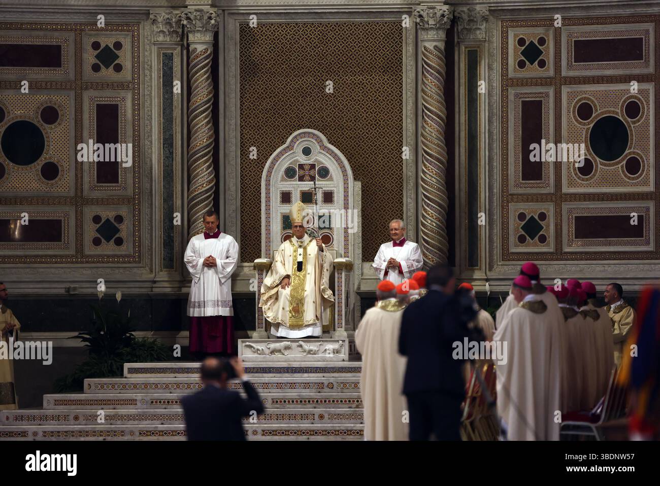 Rome, Italy. 25th May, 2025. Pope Leo XIV sits on the Holy See ...