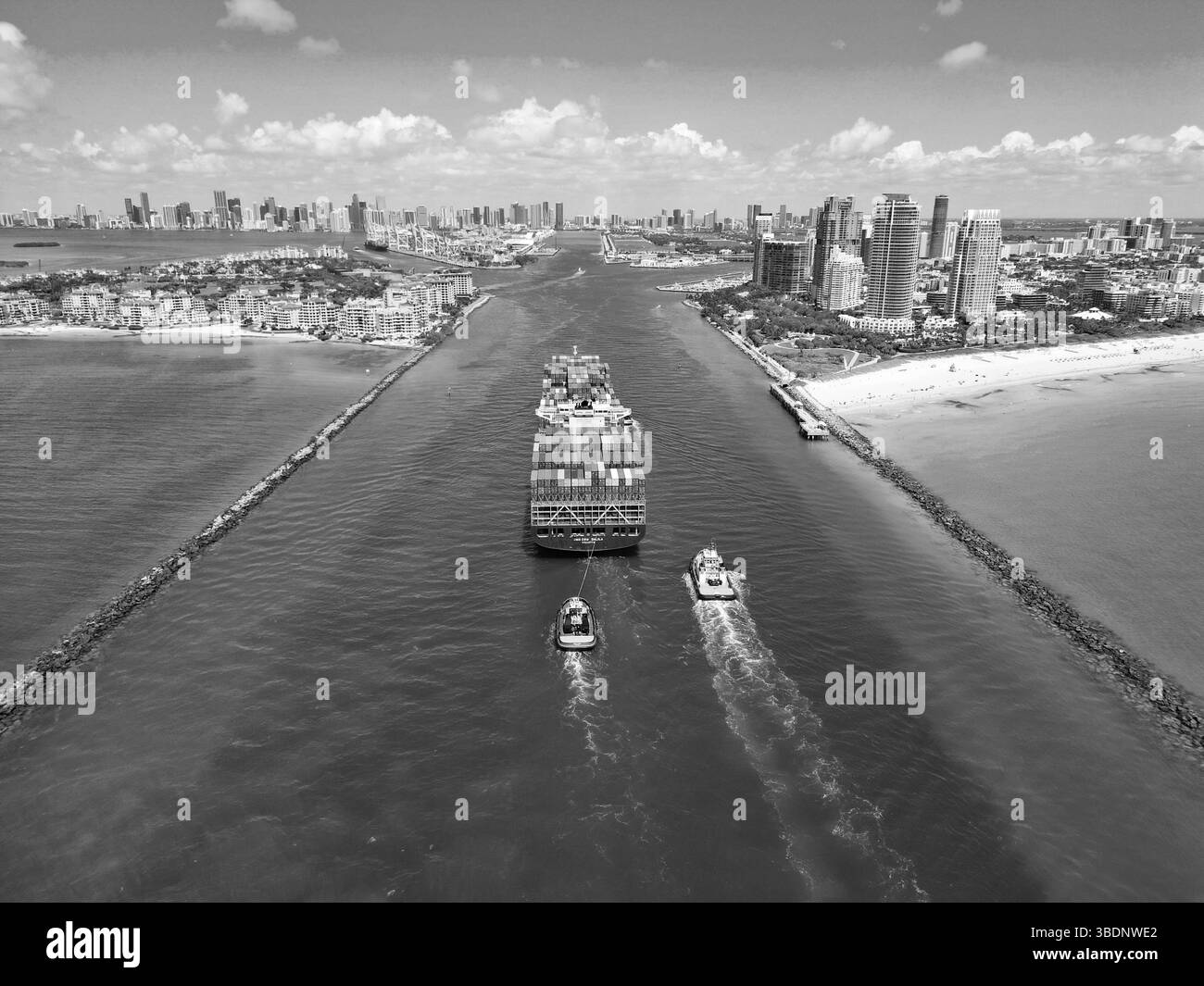 Miami, Florida, USA - June 06, 2024: Cargo ship barge in Miami Biscayne ...