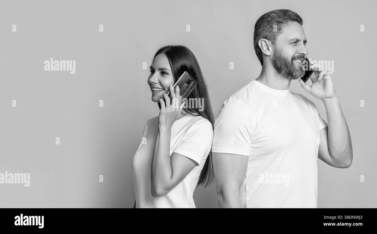 Man and woman speak on phone. Family connected in distance. Couple ...