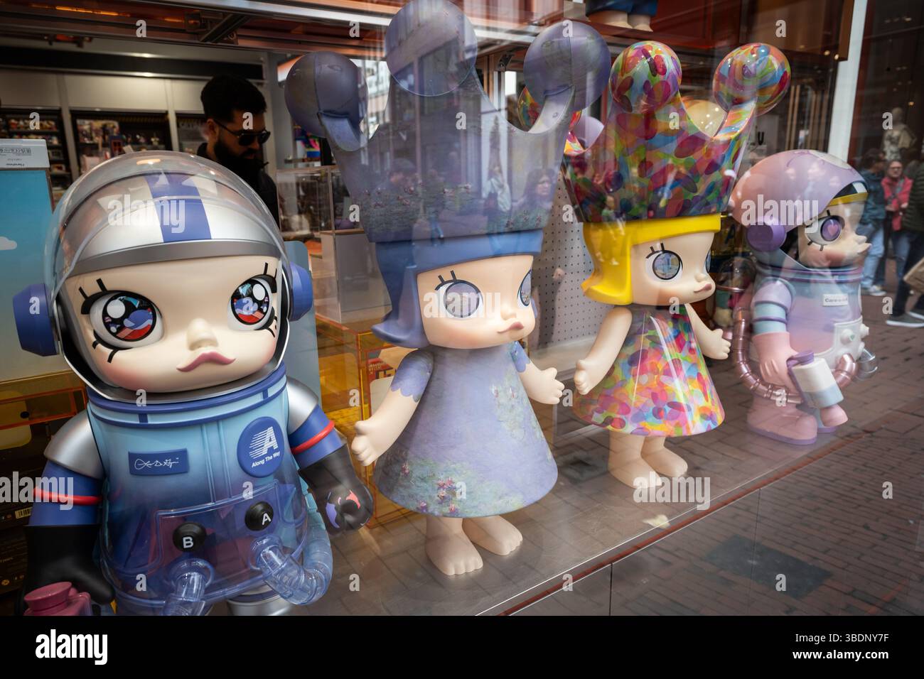 AMSTERDAM - Window display of the Pop Mart store on Kalverstraat. The ...