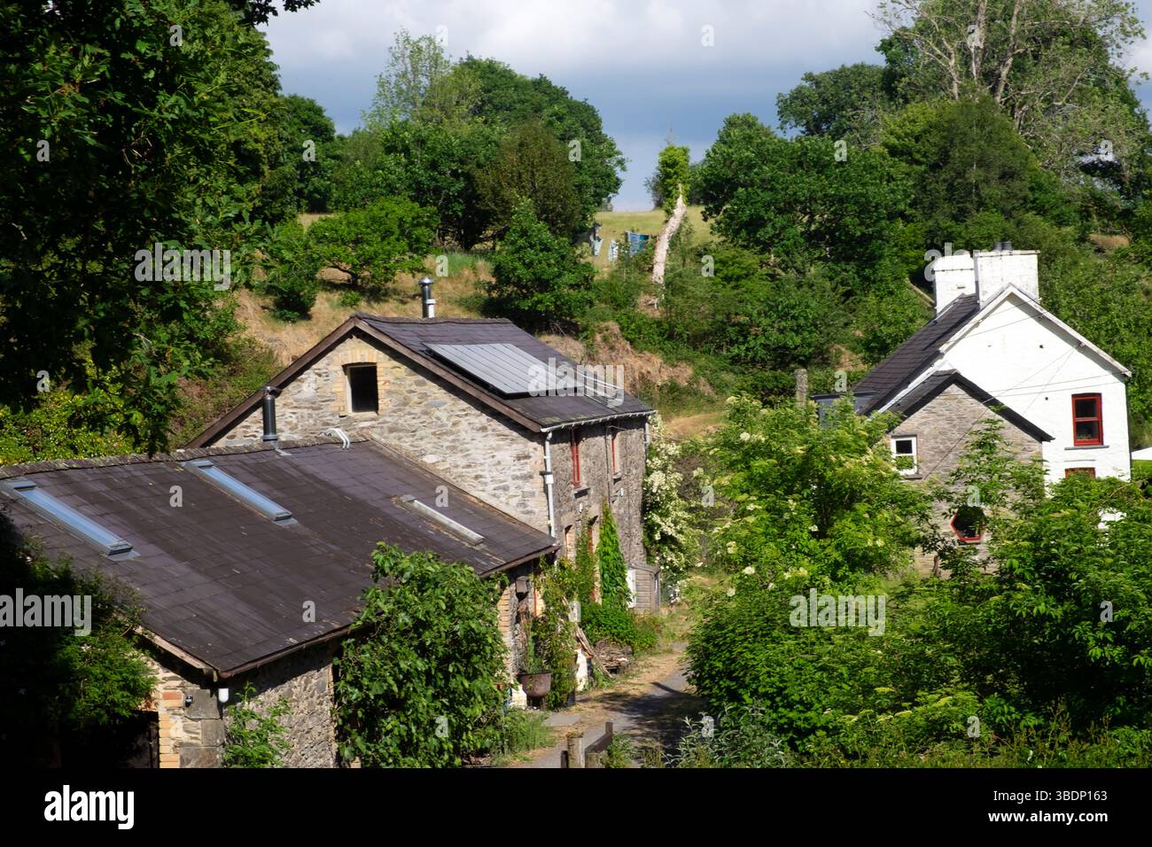 Smallholding buildings house home with solar panels on barn roof of converted building in spring ...