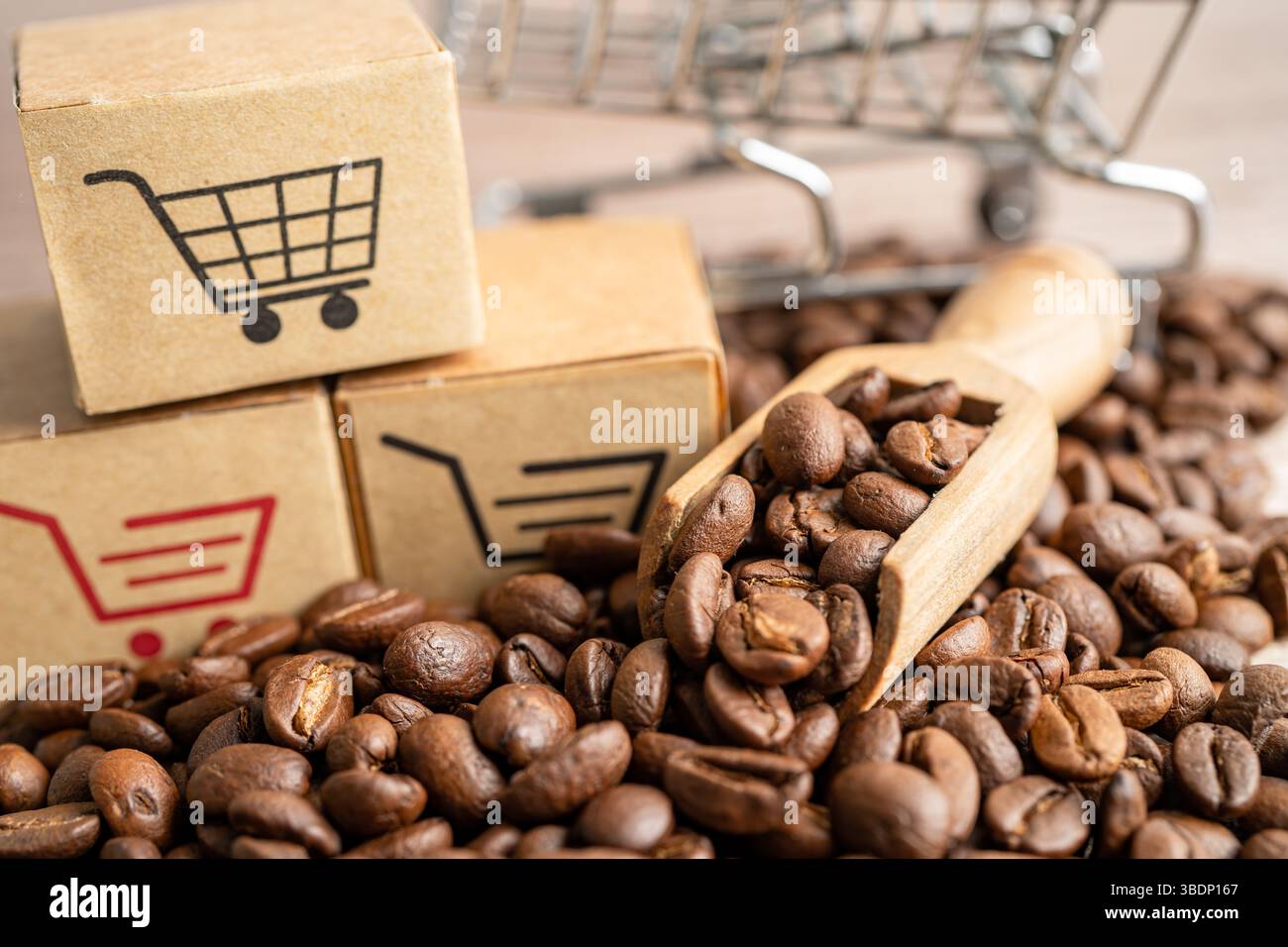 Box with shopping cart logo symbol on coffee beans, Import Export Shopping online or eCommerce ...