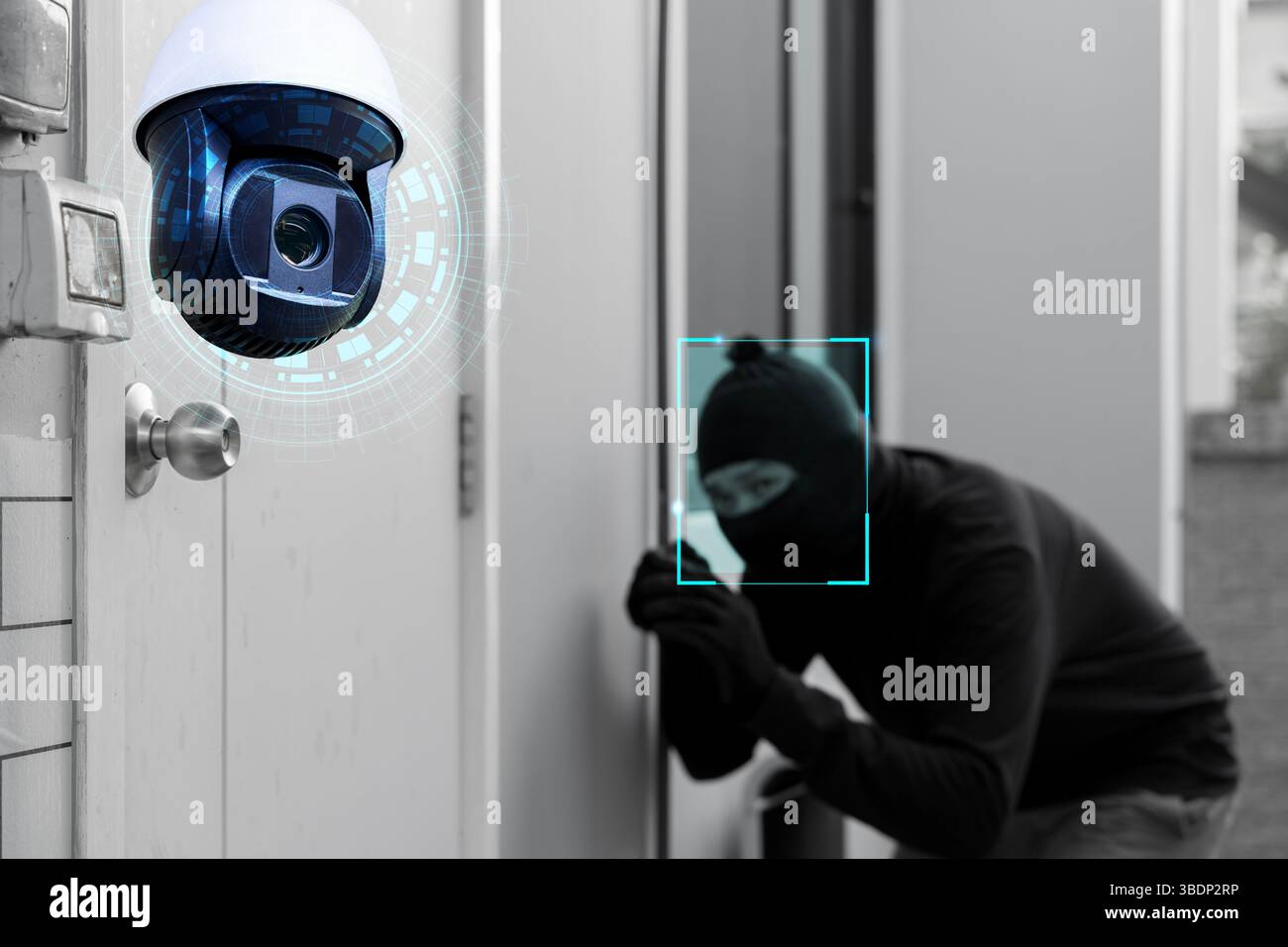 A smart CCTV security camera with AI facial detection capturing a ...