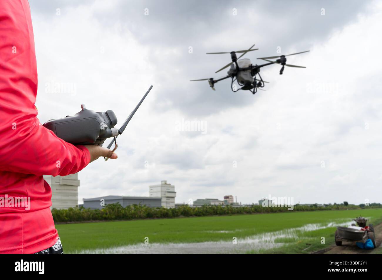 A farmer in red shirt controls an agricultural drone flying above a ...