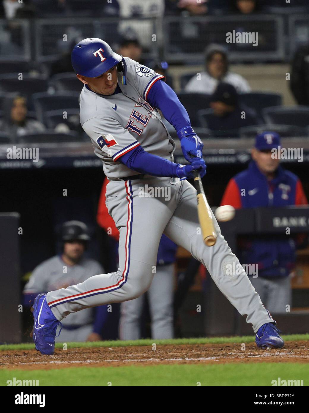 Texas Rangers' Wyatt Langford hits the ball during the seventh inning ...