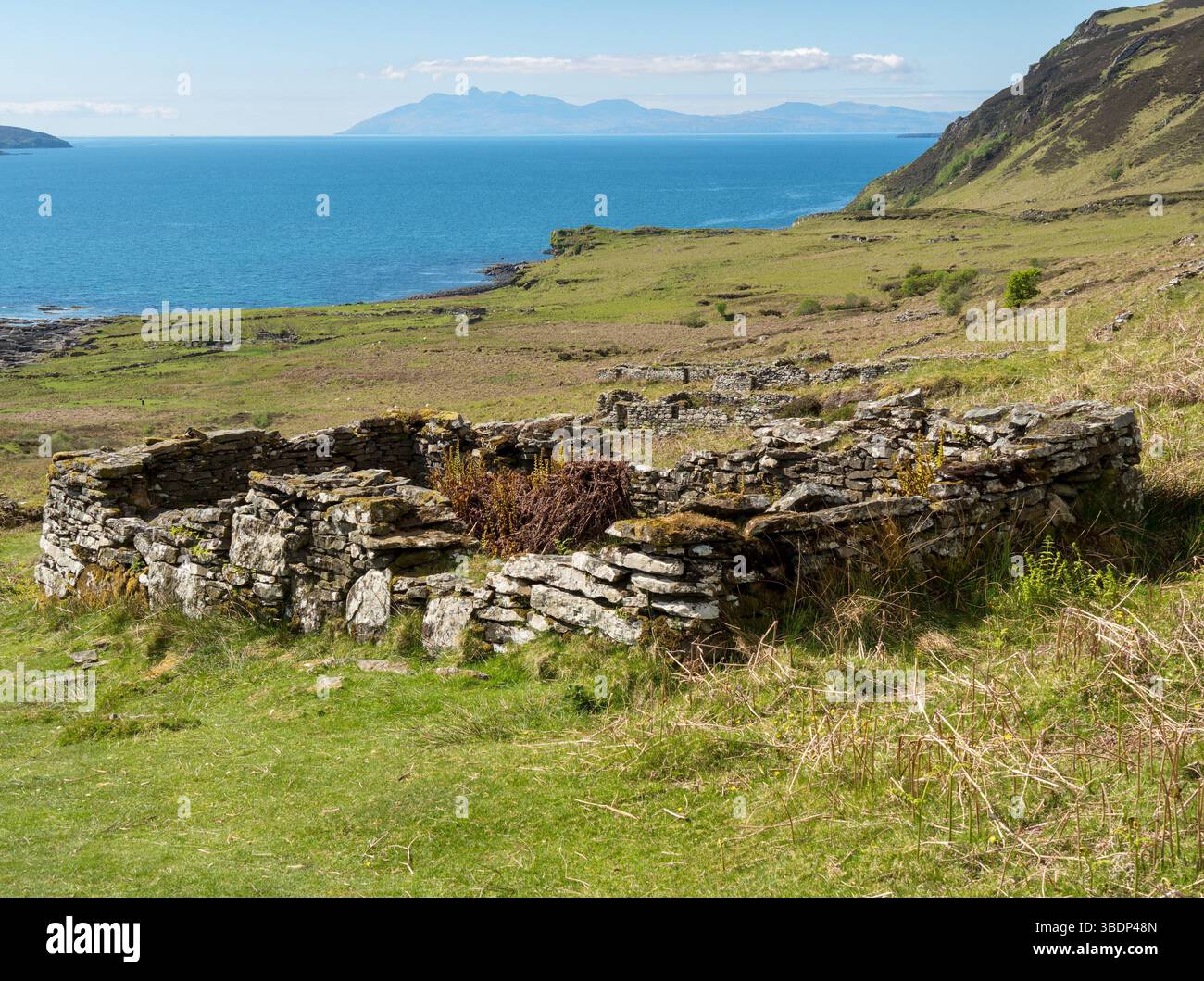 Old ruined drystone croft walls at the deserted highland settlement of ...