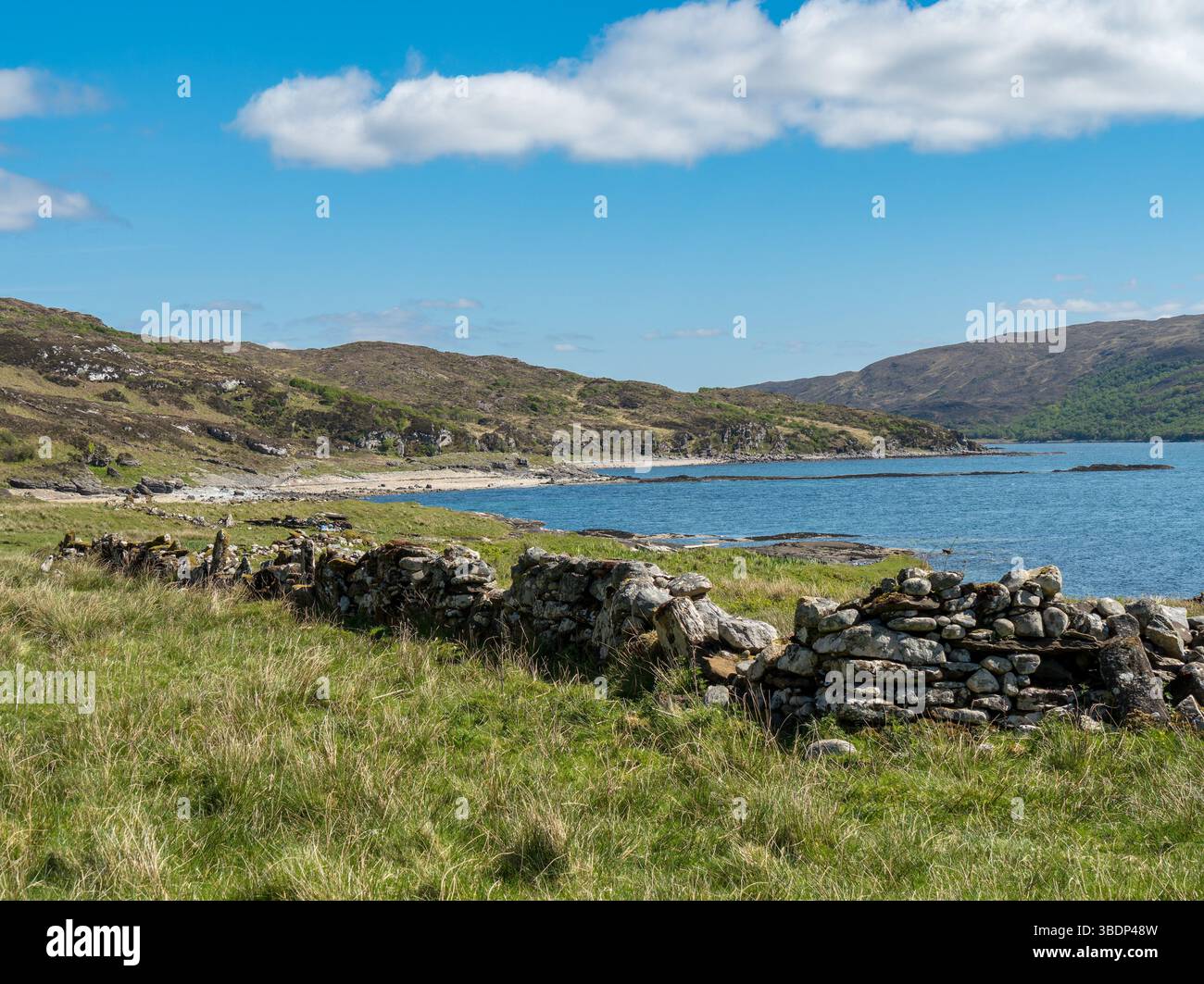 Old ruined drystone croft walls at the deserted highland settlement of ...