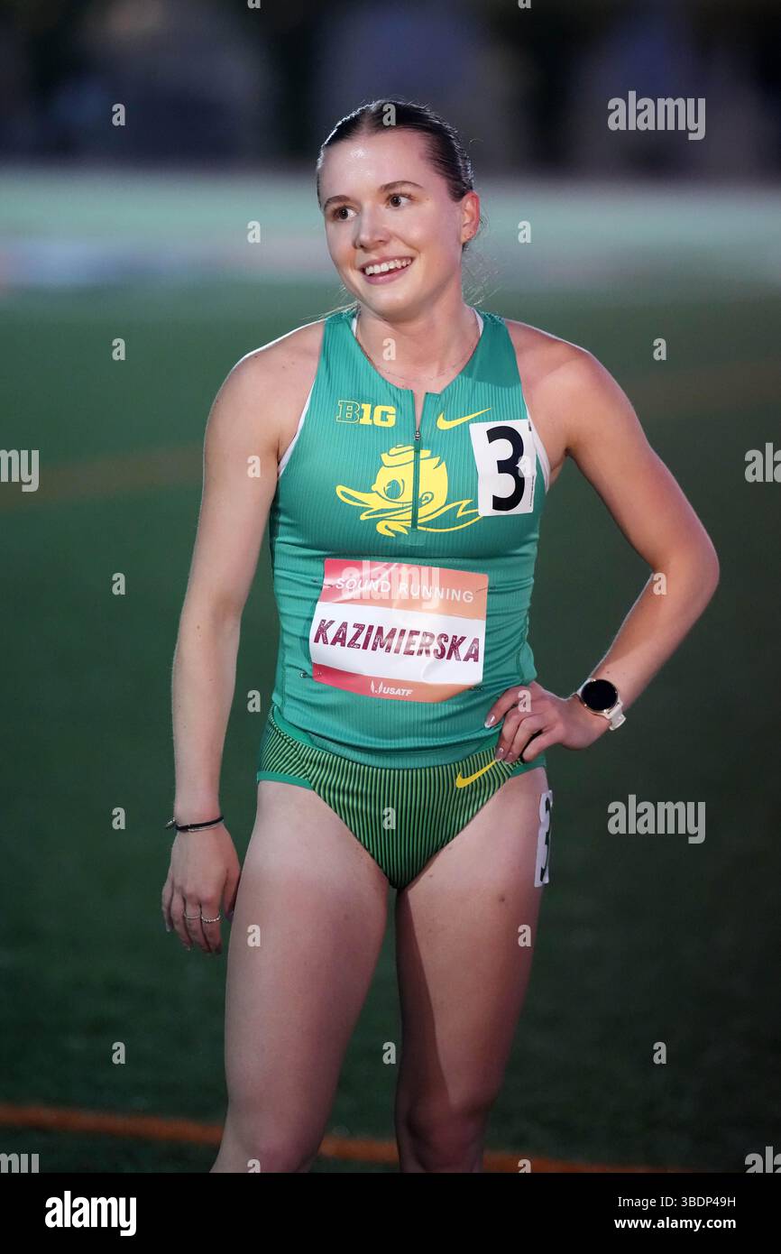 Klaudia Kazimierska of Oregon poses after winning the USATF women's 1,500m in 4:03.26 during ...