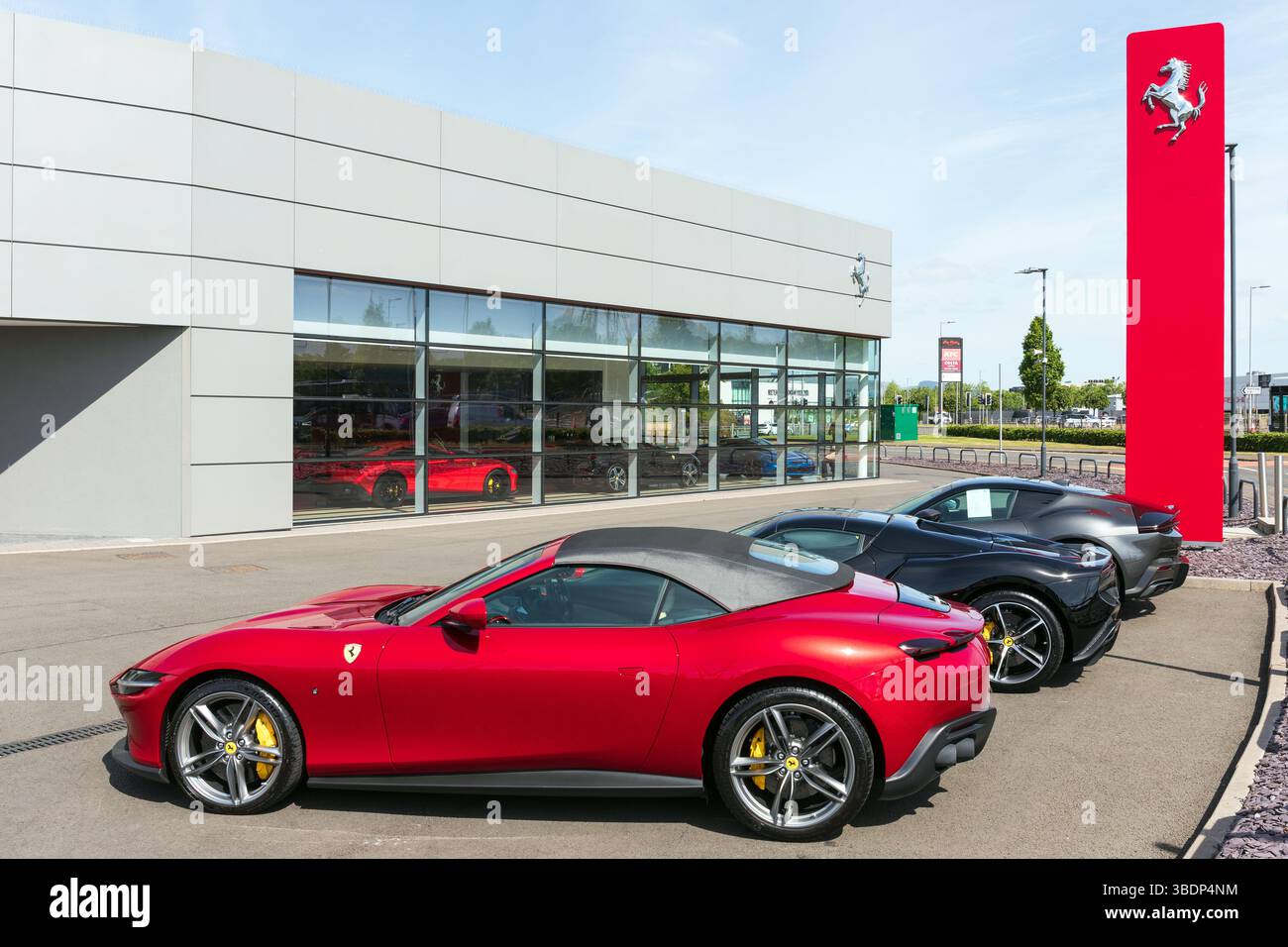Ferrari motor car outlet, with cars on the forecourt, Braehead, Glasgow ...