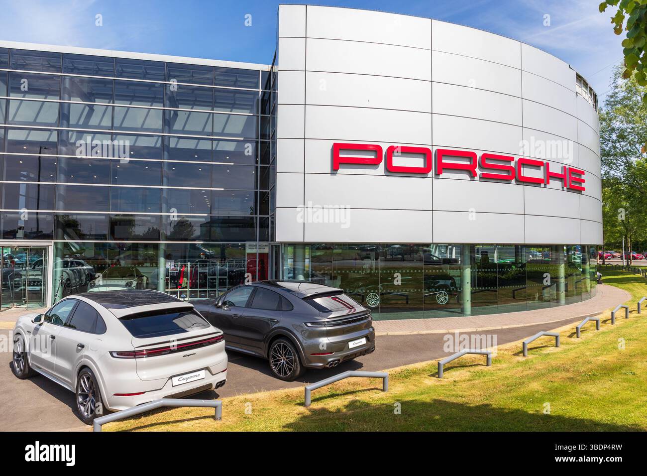 Porsche motor car outlet, with cars on the forecourt, Braehead, Glasgow ...