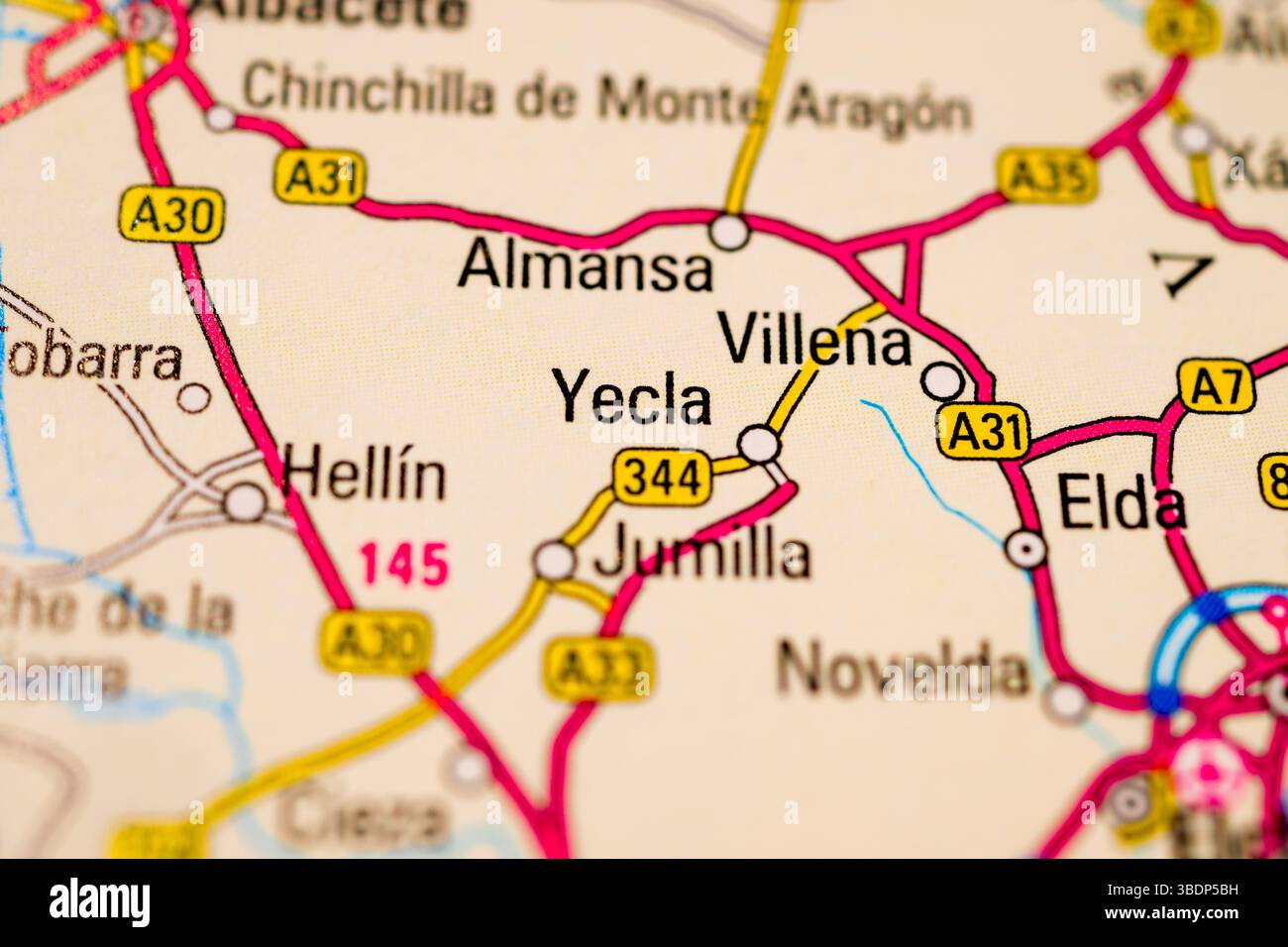 Macro view of Yecla Almansa and nearby towns map Stock Photo - Alamy