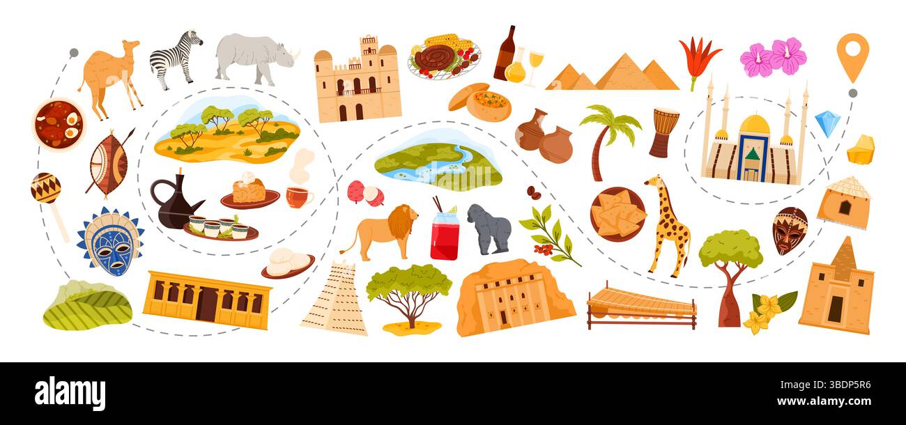 Travel to Africa, African culture elements, cuisine and nature, animals ...