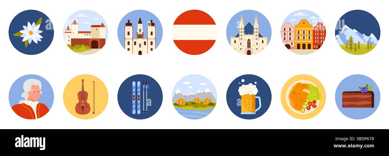 Travel to Austria set of round stickers with Austrian culture elements ...