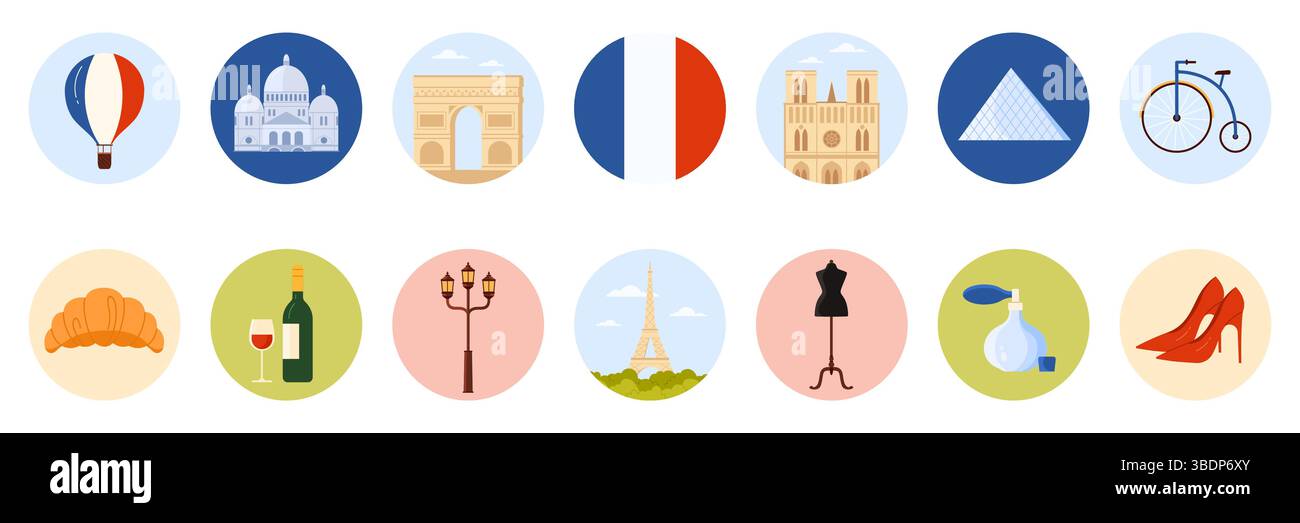 Travel to France set of round stickers with French culture elements ...