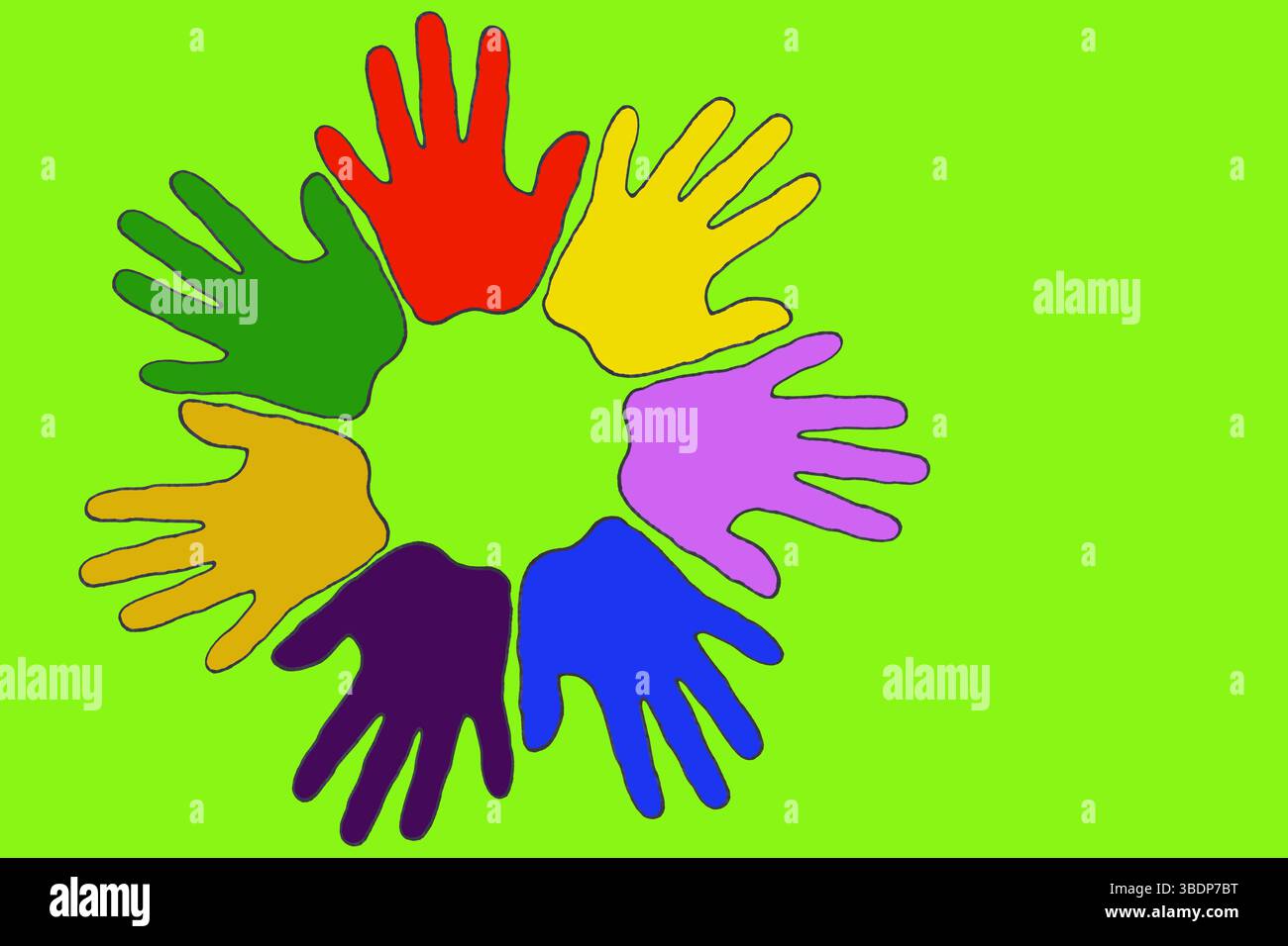 Seven painted hands form a vibrant circle on a light green background ...