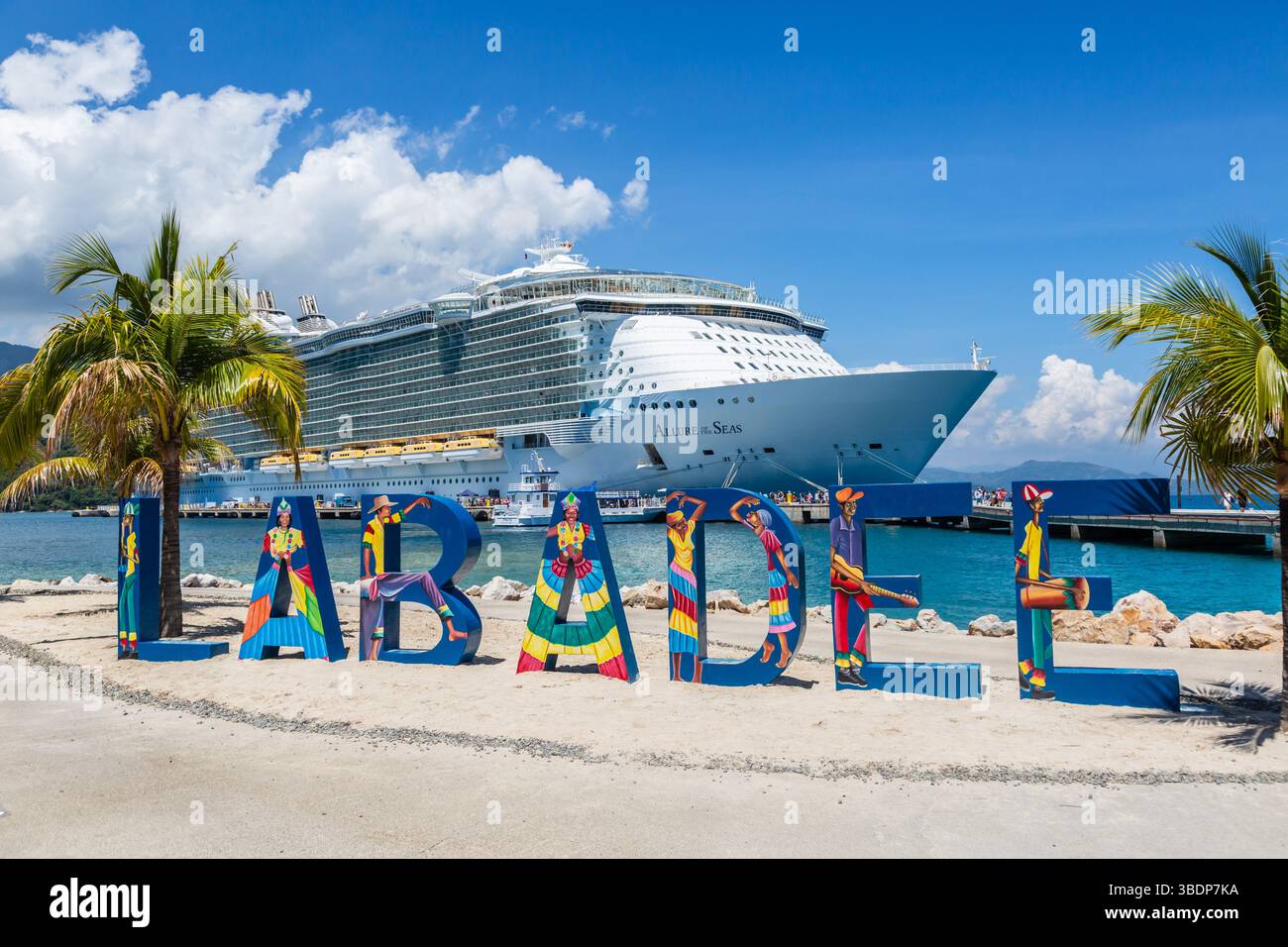 Large painted letters spell out Labadee on the beach of Royal Caribbean ...