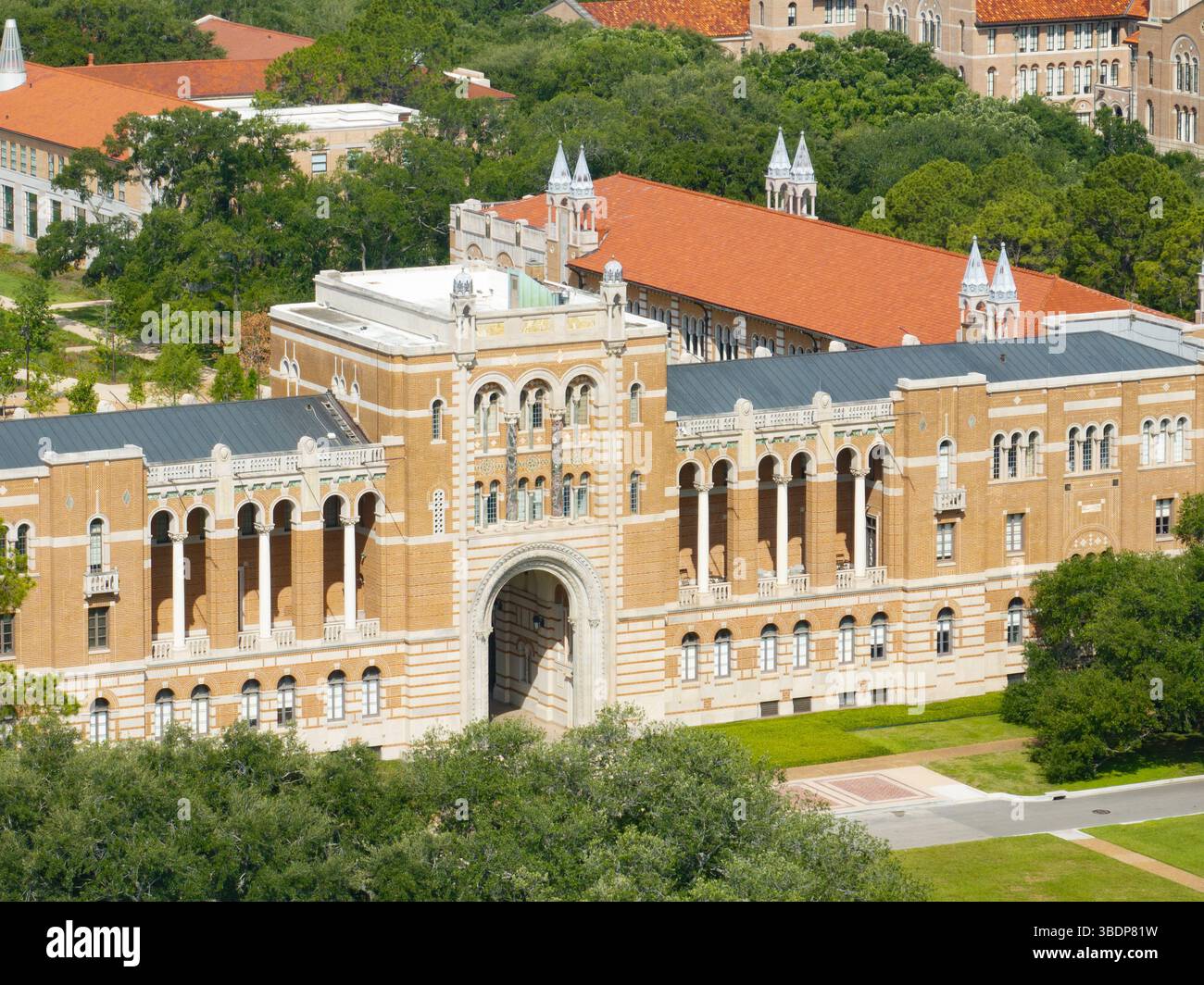 Aerial view of Lovett Hall, the iconic centerpiece of Rice University ...