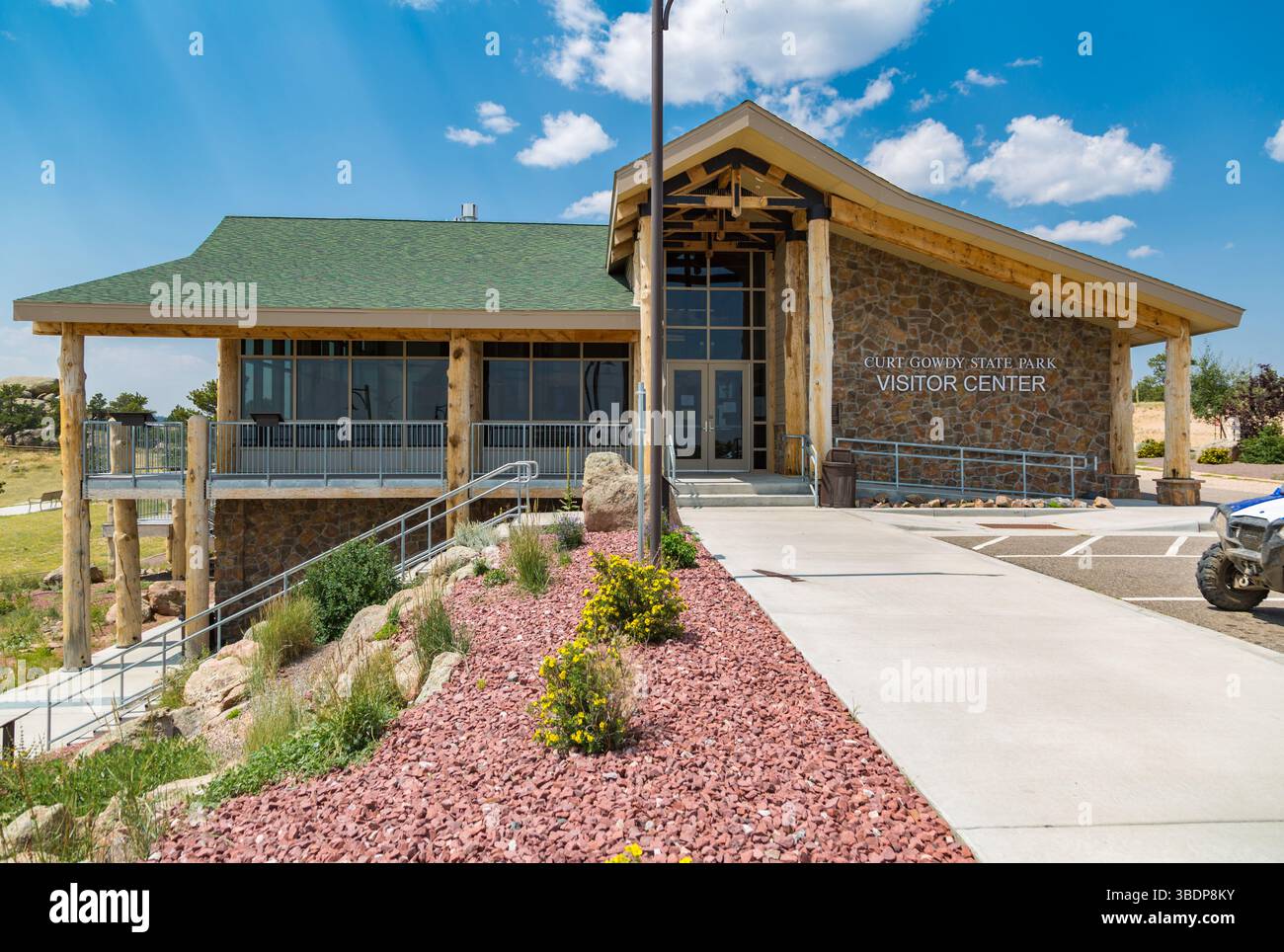 Post and beam visitor center building at Curt Gowdy State Park located ...