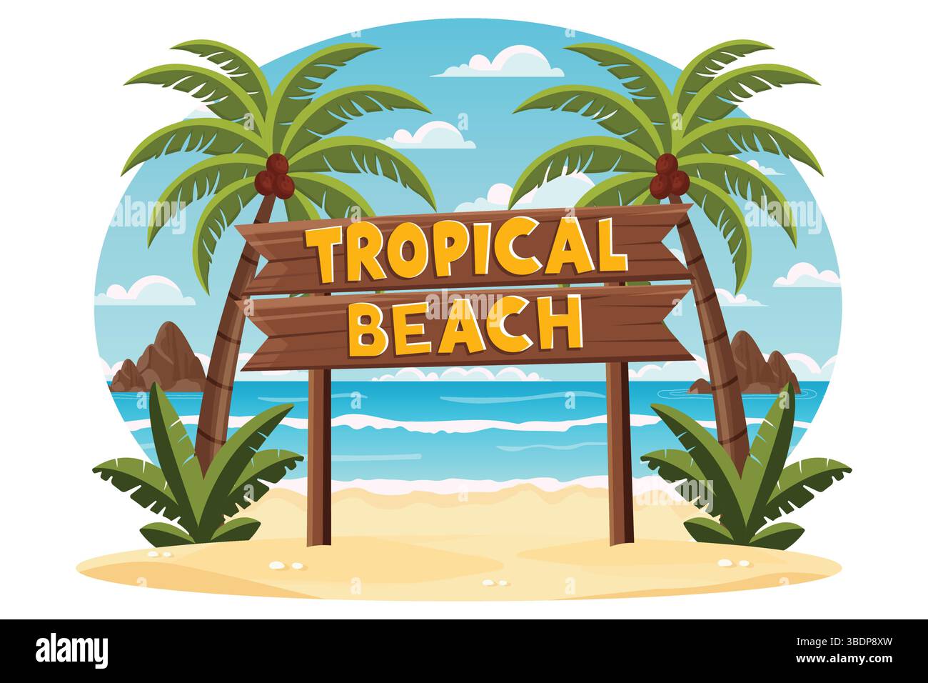 tropical beach with palm leaves and wooden sign vector illustration ...