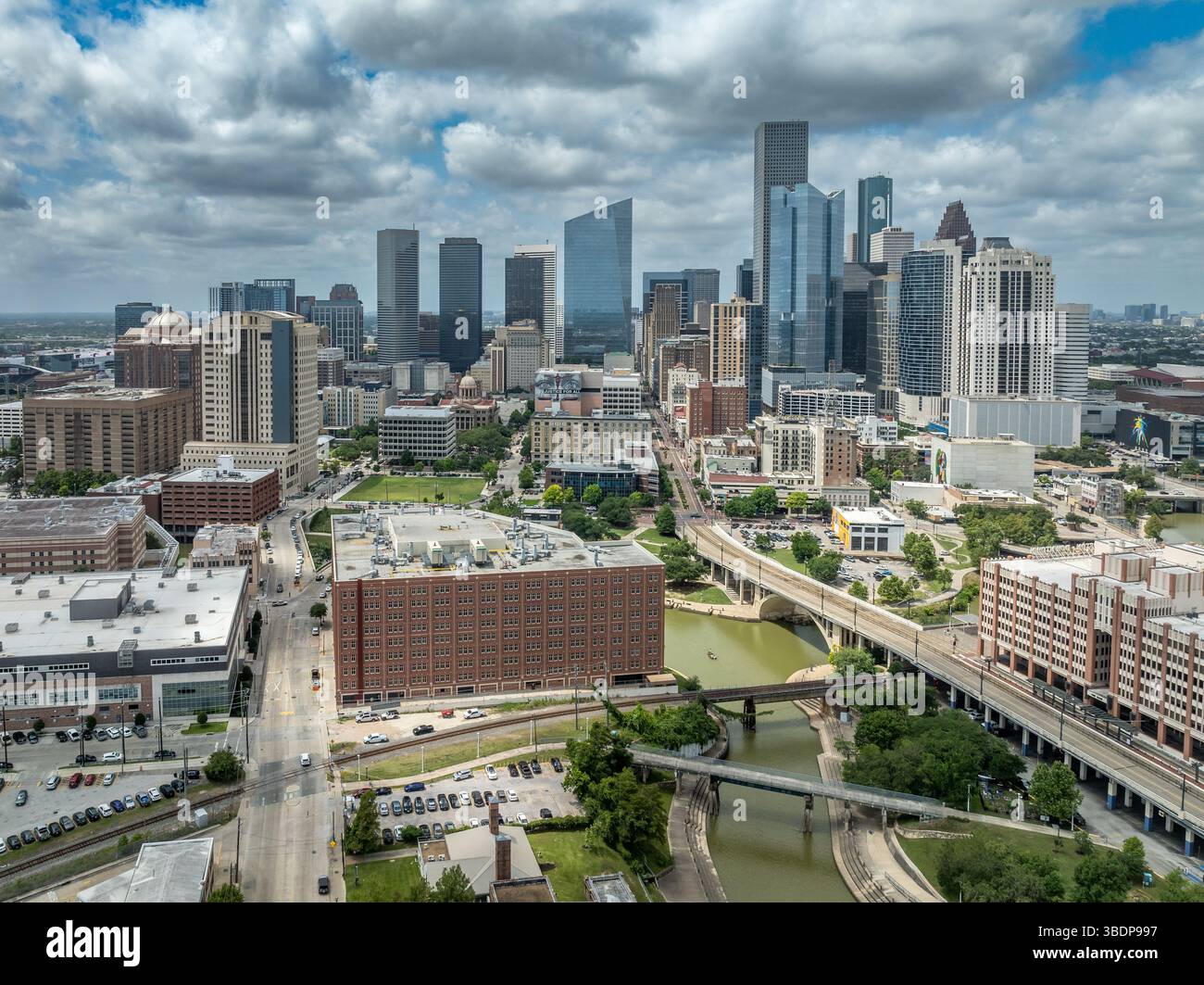 Aerial panoramic view of Houston downtown with skyscrapers, Theater district, Buffalo Bayou ...