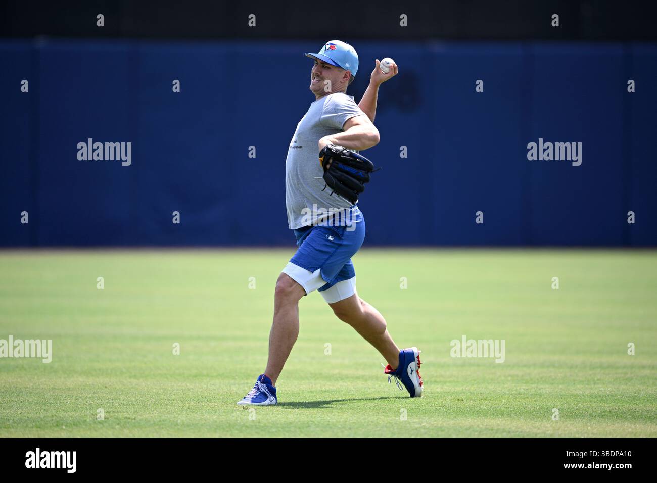Toronto Blue Jays pitcher Erik Swanson warms up before a baseball game ...