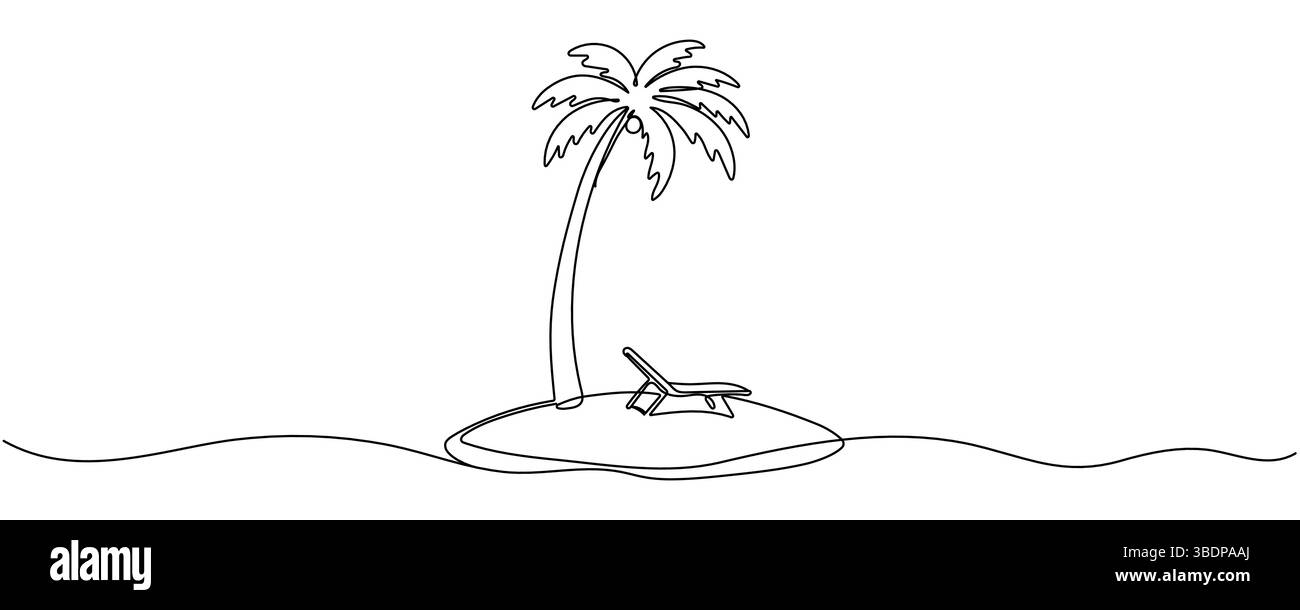 Palm tree island One line drawing isolated on white background Stock ...