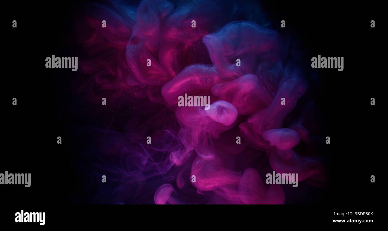 Smoke explosion. Paint flow. Shiny purple fluid fog wave spray on black ...