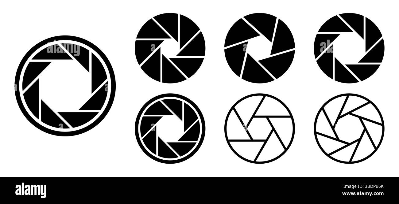 Camera lens diaphragm collection. Aperture icon symbol set in black ...