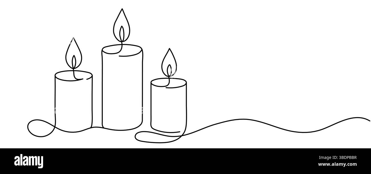 One line continuous three candle. Silhouette of burning memorial ...