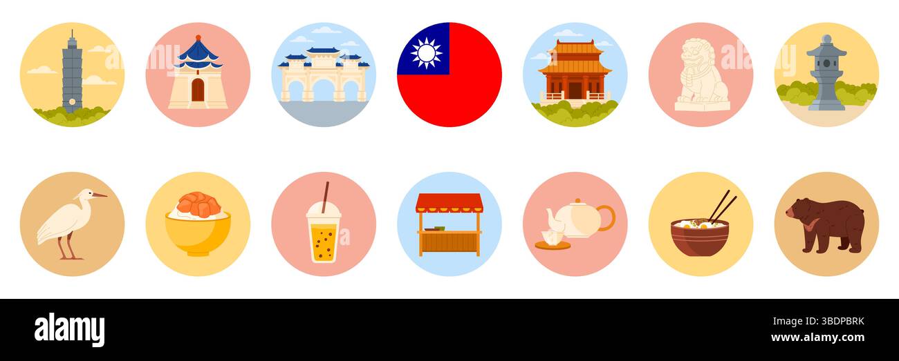 Taiwan travel landmarks, culture elements, food and animals in round ...