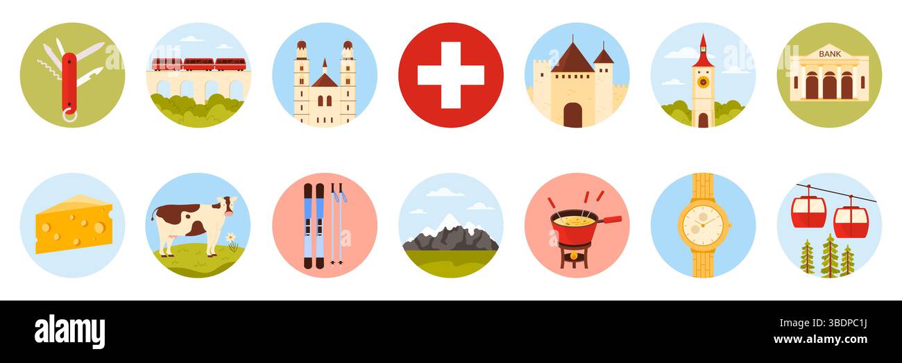 Travel to Switzerland set of round stickers with Swiss culture elements ...