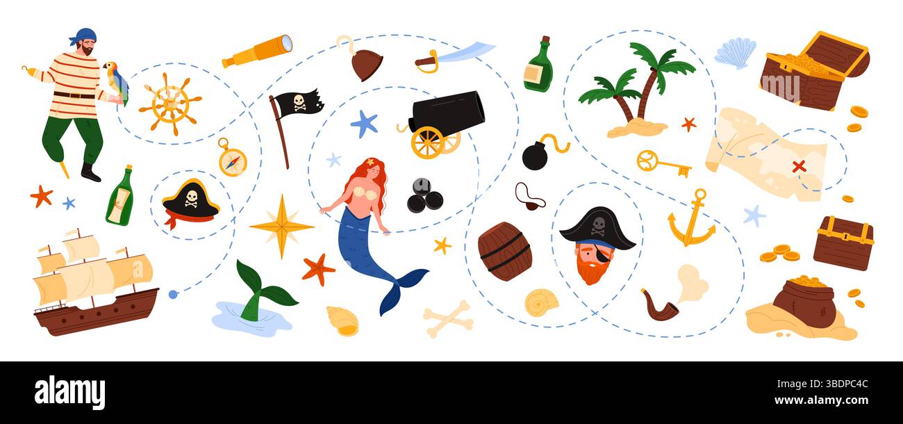 Hidden gold pirate treasures hunt set on route line to old map ...