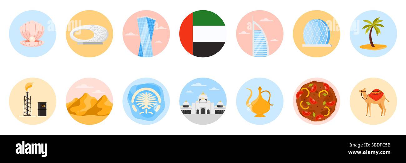 Travel to United Arab Emirates set of round stickers with UAE culture ...
