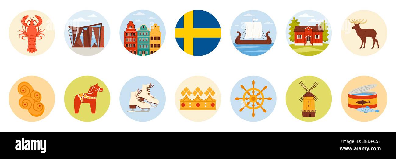 Travel to Sweden set of round stickers with Swedish culture elements ...