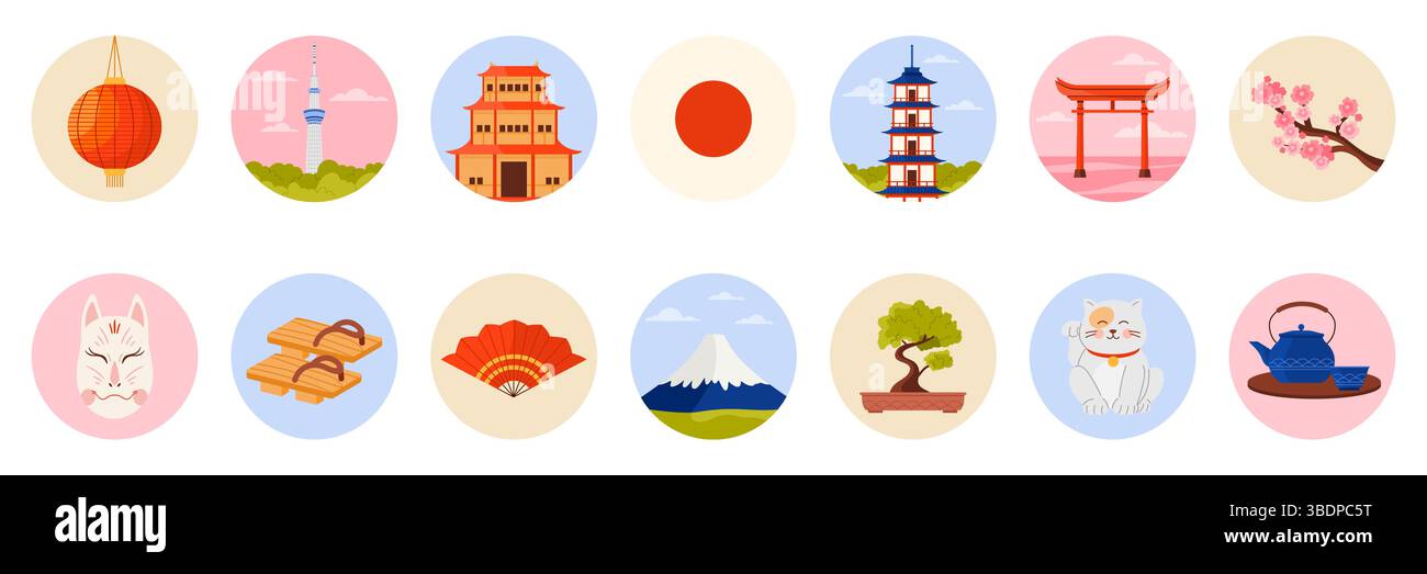 Travel to Japan set of round stickers with Japanese culture elements ...