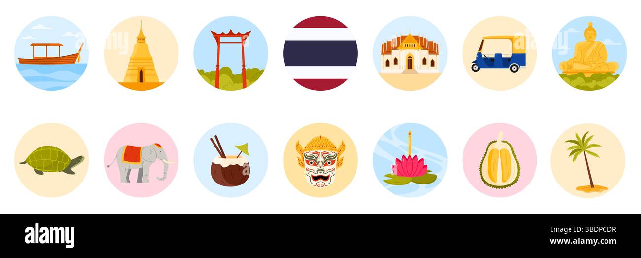 Travel to Thailand set of round stickers with Thai culture elements ...
