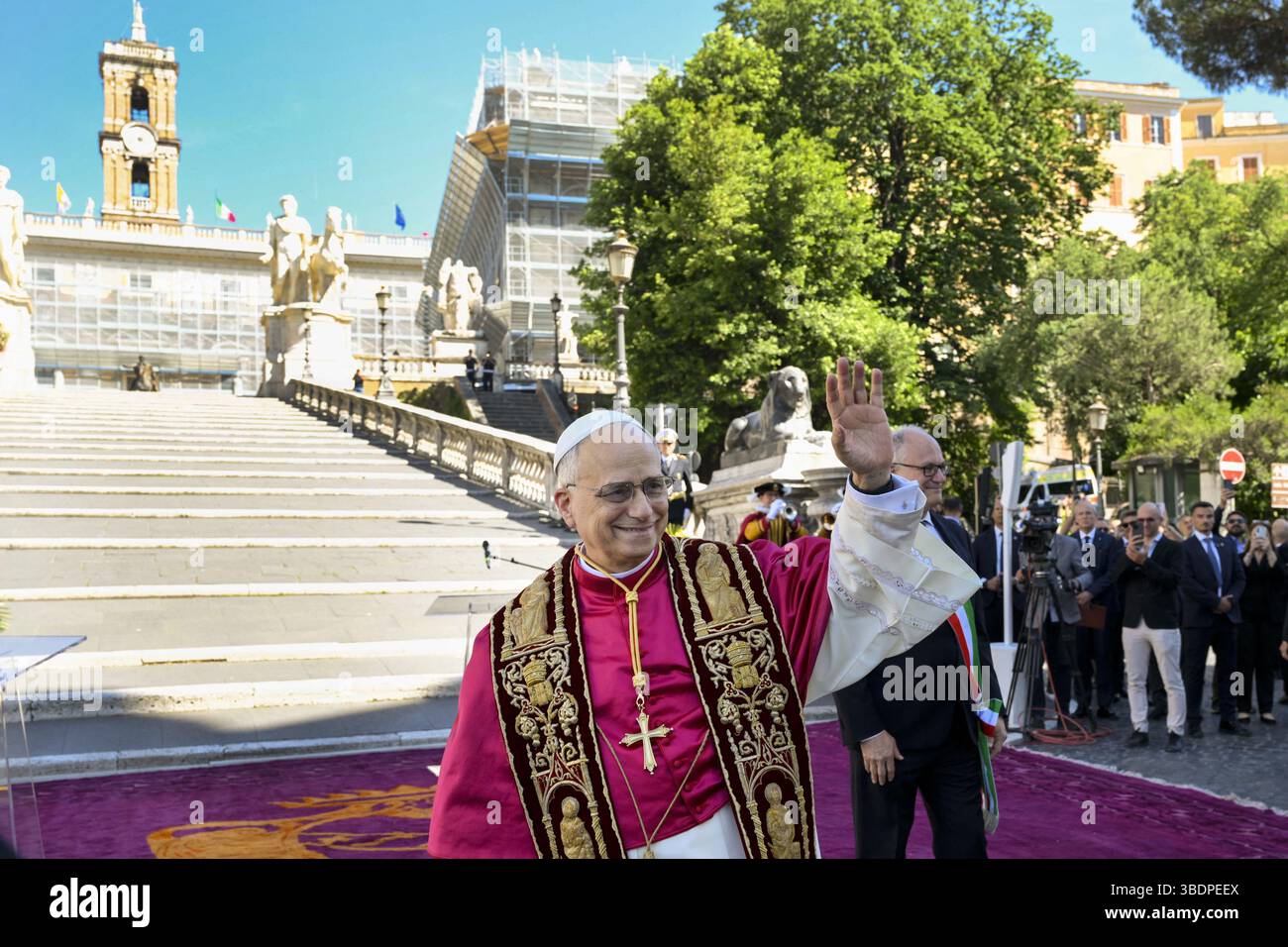 Rome, Italy. 25th May, 2025. Pope Leo XIV greets Rome's Mayor Roberto ...